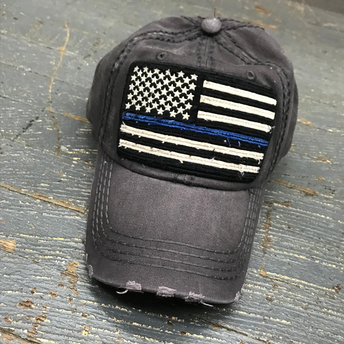 American Flag Blue Line Patch Faded Gray Embroidered Ball Cap ...