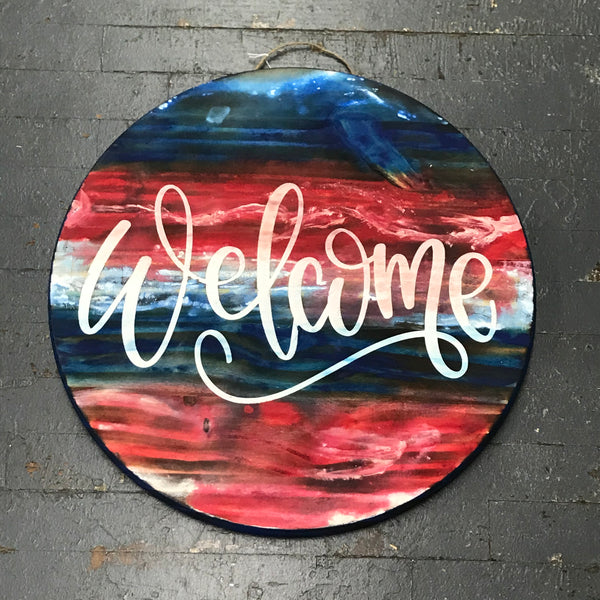 Welcome Red White Blue Patriotic Round Indoor/Outdoor Wall Sign Door W ...