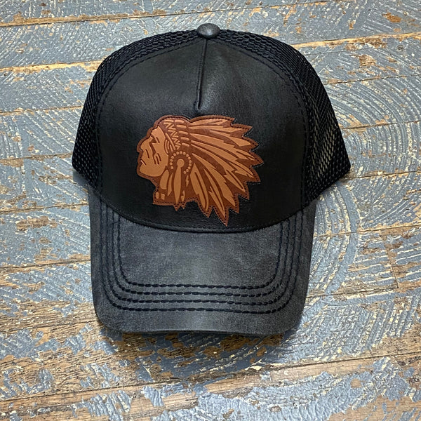 Indian Head Leather Patch Black Leather Trucker Ball Cap – TheDepot ...